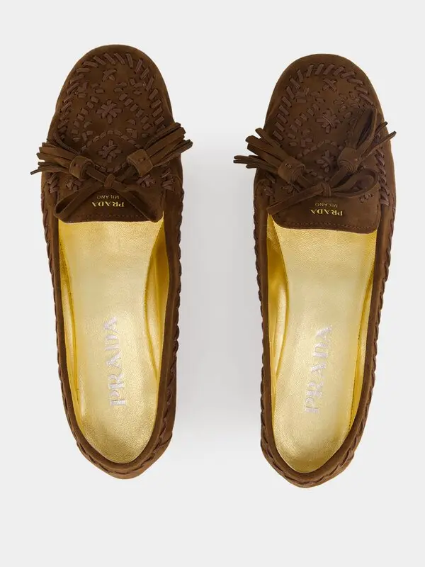 Prada Cocoa Tassel Suede Leather Loafers - Brown