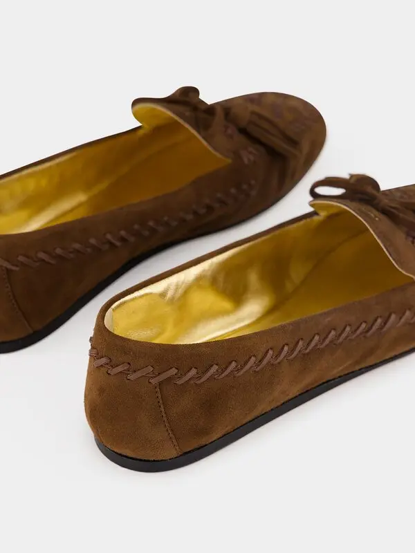 Prada Cocoa Tassel Suede Leather Loafers - Brown