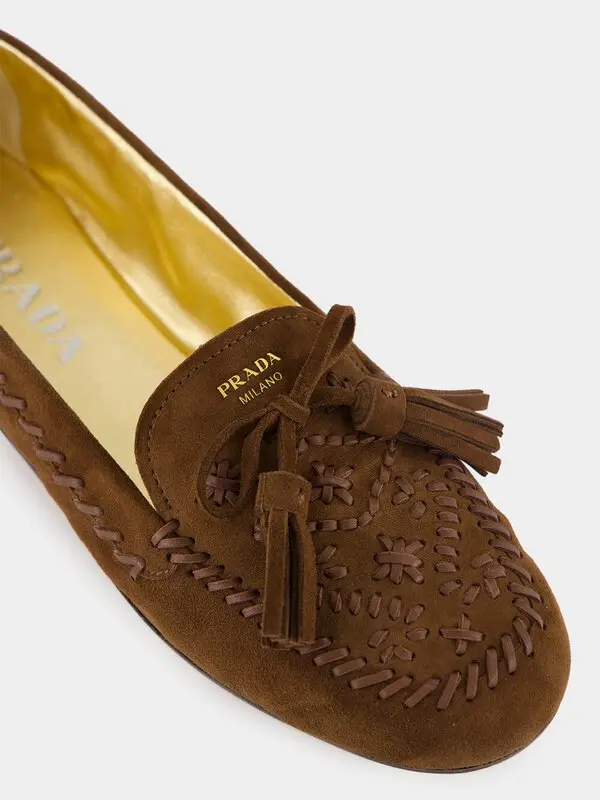 Prada Cocoa Tassel Suede Leather Loafers - Brown