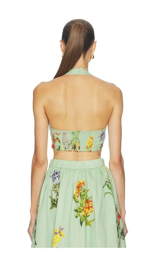 Hemant & Nandita Floral Print Linen Blend Halter Neck Cropped Top - Green