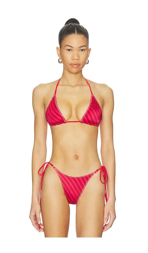Frankies Bikinis X Jennie Nick Satin Halterneck Bikini Top - Spring Stripe