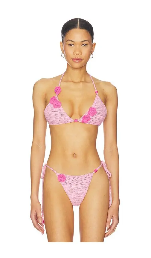 I.AM.GIA Crochet Bikini Top With Floral Applique And Beaded Detail - Baby Pink