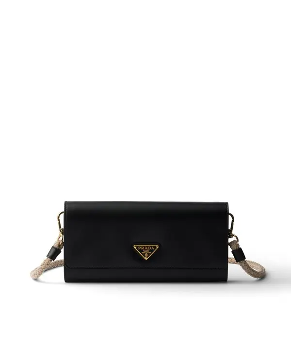 Prada Leather Wallet With Shoulder Strap - Black