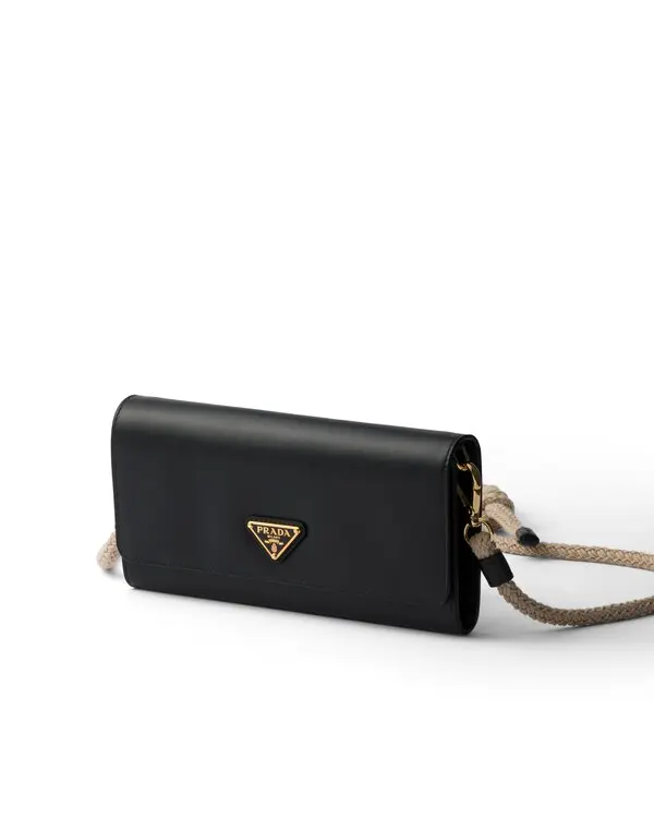 Prada Leather Wallet With Shoulder Strap - Black