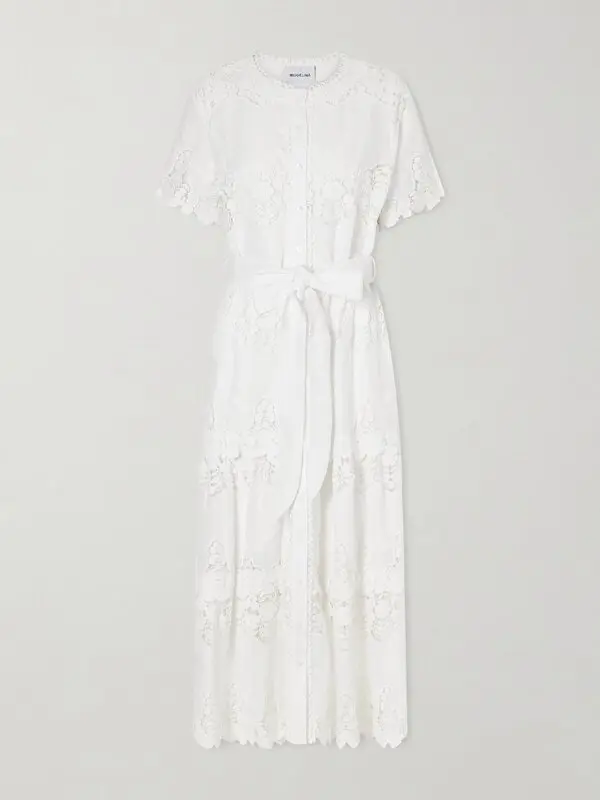 Miguelina Romilly Belted Embroidered Cotton And Linen-blend Midi Dress - Neutrals