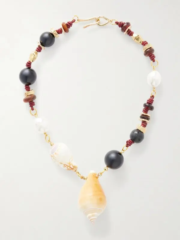 Tohum Design Gold-plated, Onyx, Leather And Seashell Beaded Necklace - Neutrals