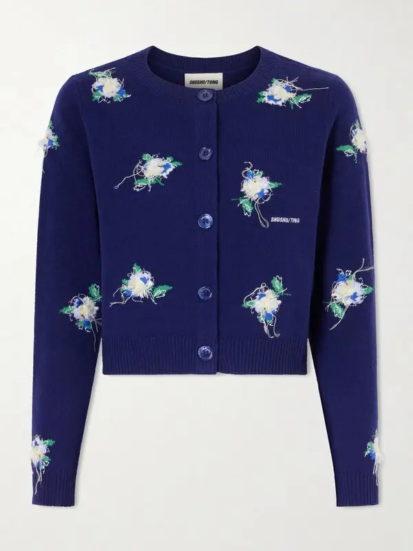 SHUSHU/TONG Cropped Embroidered Wool Cardigan - Blue