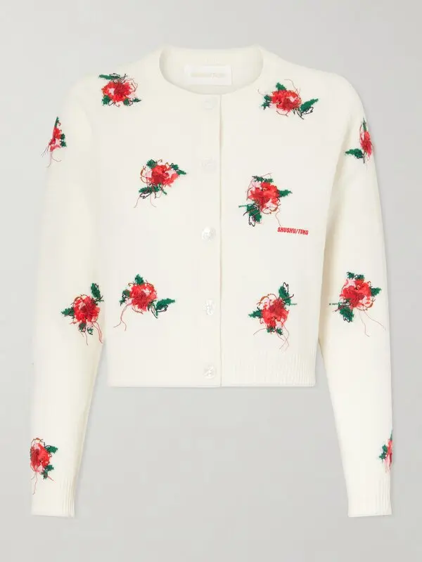 SHUSHU/TONG Cropped Floral Embroidered Wool Cardigan - Neutrals