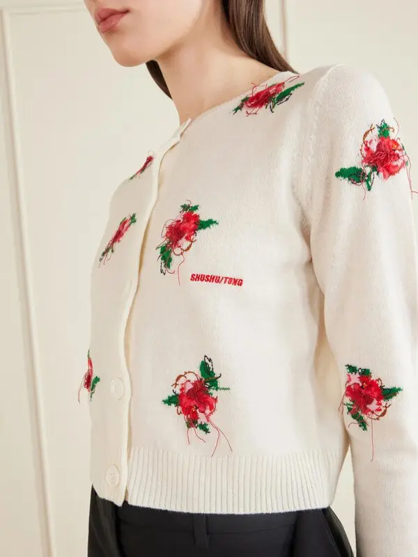 SHUSHU/TONG Cropped Embroidered Wool Cardigan