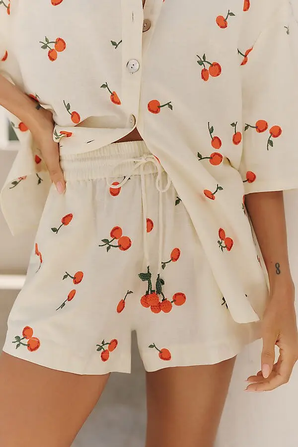 Farm Rio Embroidered Cherry Cotton Shorts