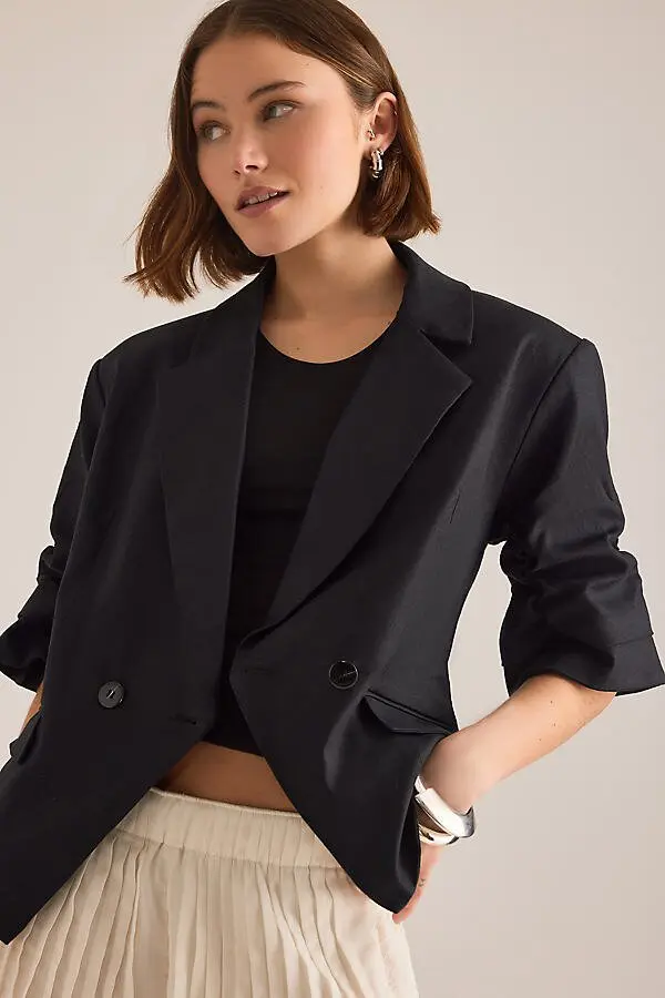 Anthropologie Linen Scrunched Sleeve Blazer Jacket