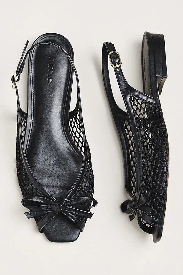 Maeve Mesh Slingback Flats With Bow Detailing - Black