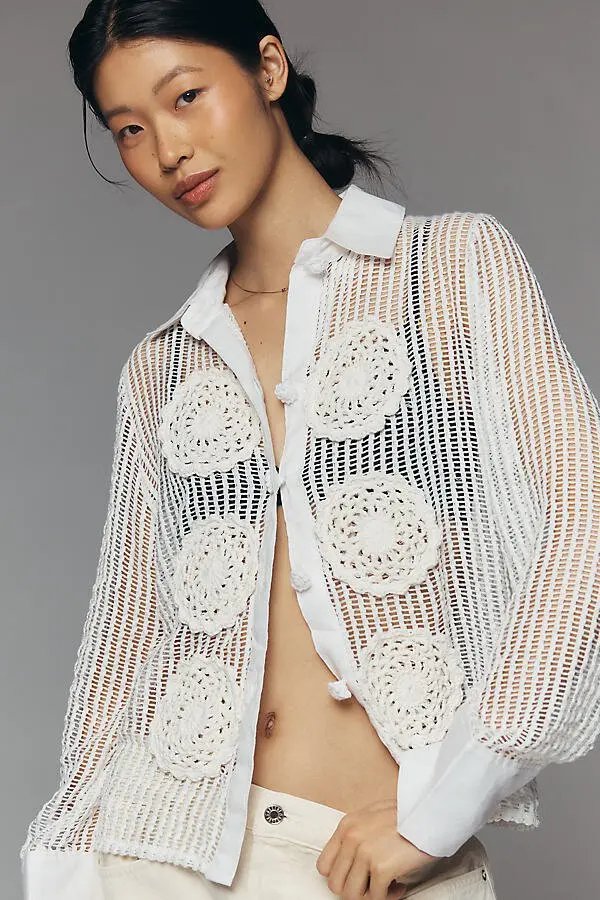 MANDINGA Sheer Crochet Appliqué Cardigan - White