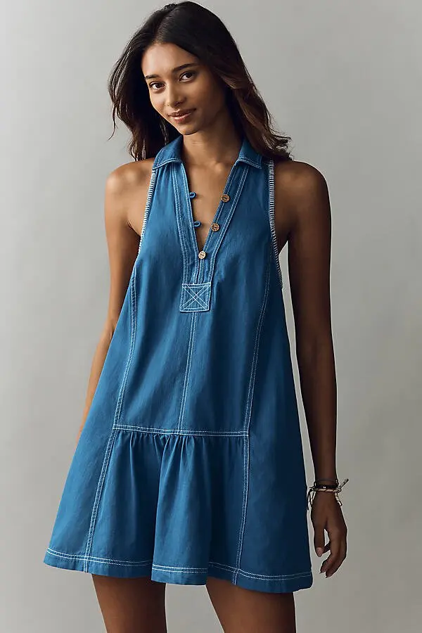 PILCRO Cotton Denim V-neck Button Detailed Mini Dress - Blue