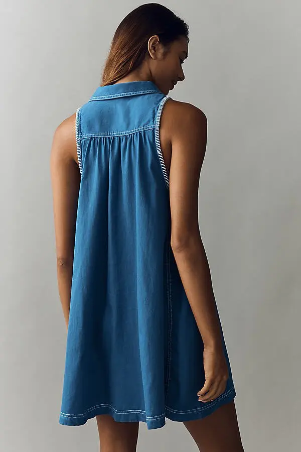 PILCRO Cotton Denim V-neck Button Detailed Mini Dress
