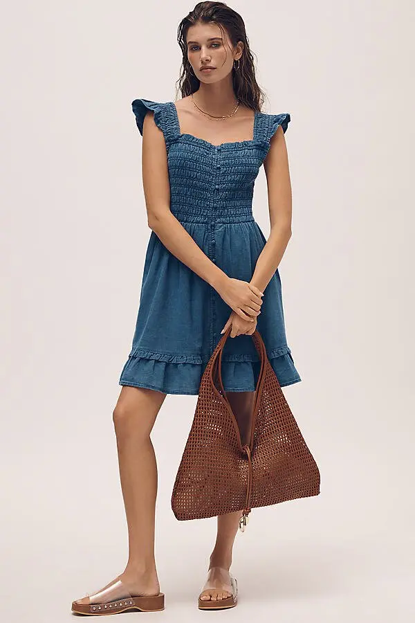 Anthropologie Shirred Cotton Mini Dress With Flutter Sleeves