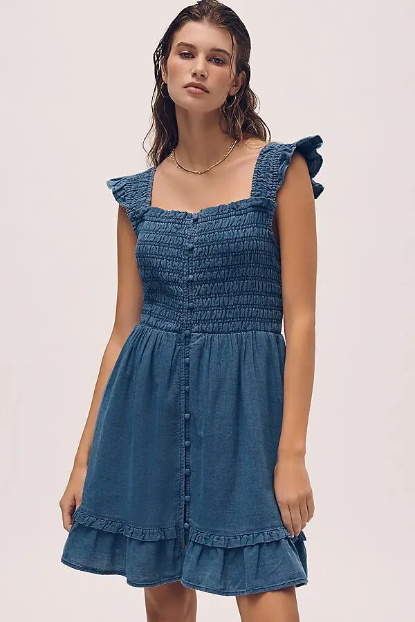 Anthropologie Shirred Cotton Mini Dress With Flutter Sleeves