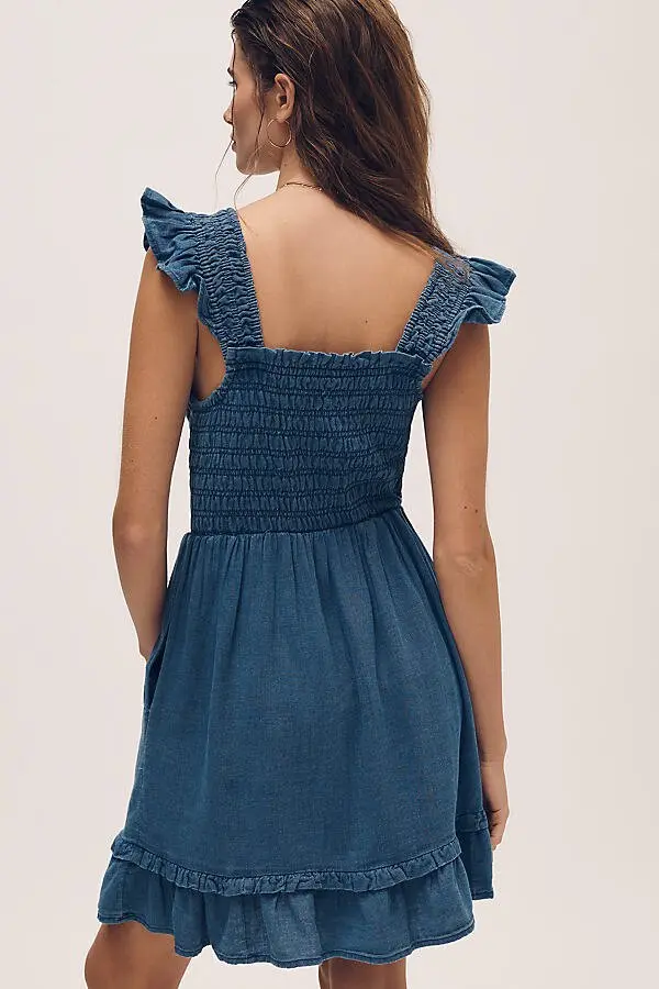 Anthropologie Shirred Cotton Mini Dress With Flutter Sleeves