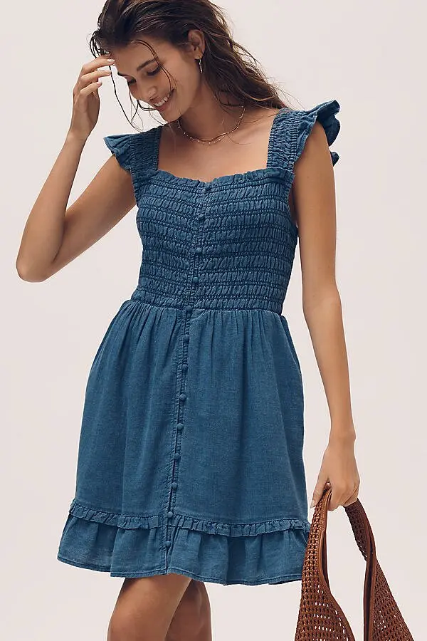Anthropologie Shirred Cotton Mini Dress With Flutter Sleeves