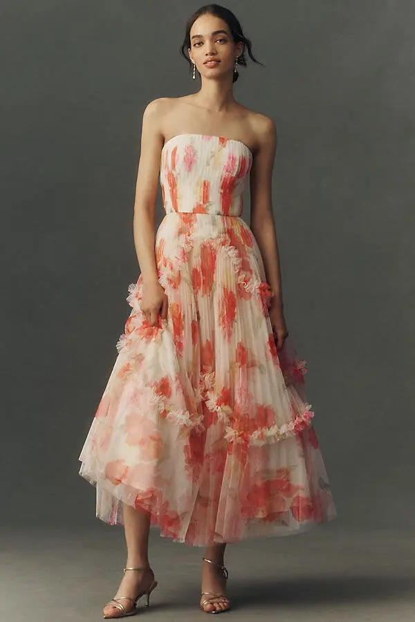 HUTCH Strapless Bustier Maxi Dress - Watercolor Rococo Bouquet