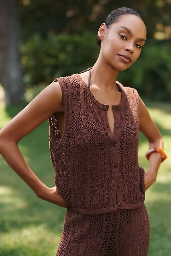 CELANDINE Bloom Crochet Button Front Top - Brown