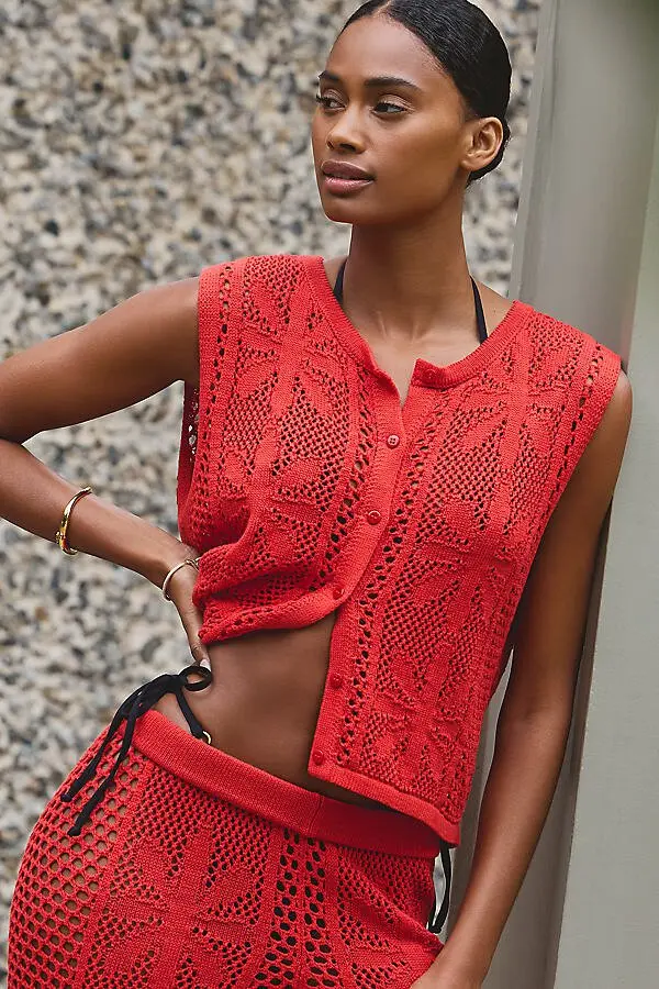CELANDINE Crochet Button Front Top - Red