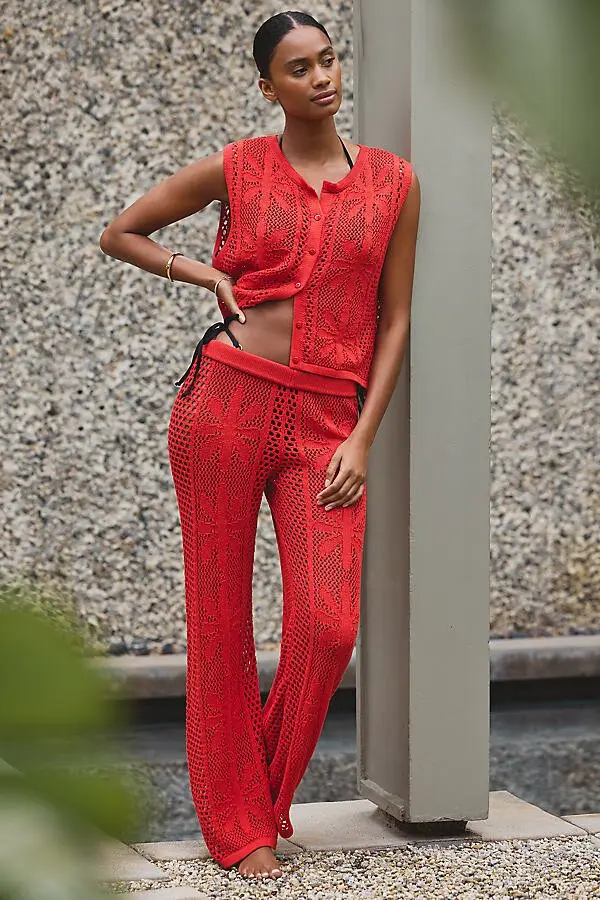 CELANDINE Bloom Crochet Button Front Top - Red