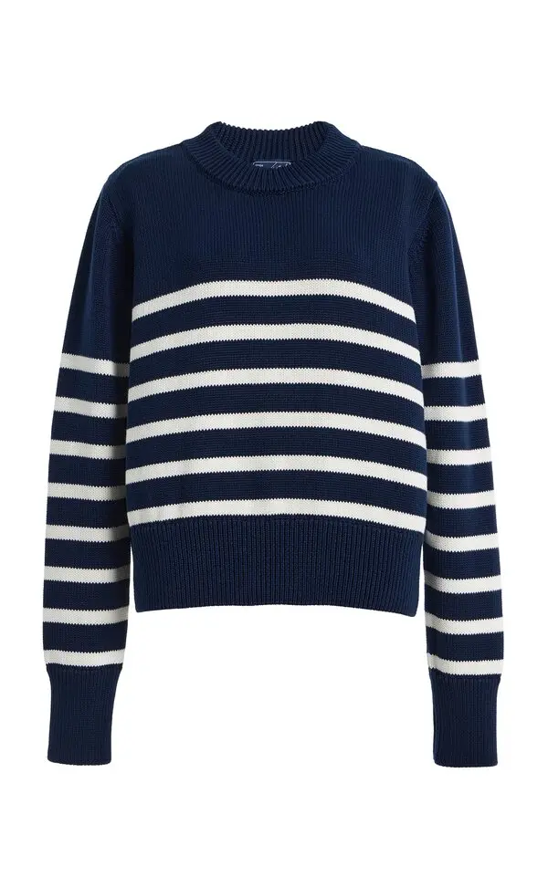 WITH NOTHING UNDERNEATH Devon Striped Cotton Crewneck Sweater - Navy