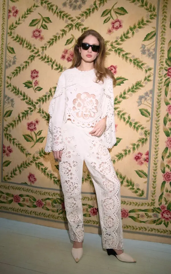 Sea Gardener Embroidered Cotton Broderie Anglaise Pants