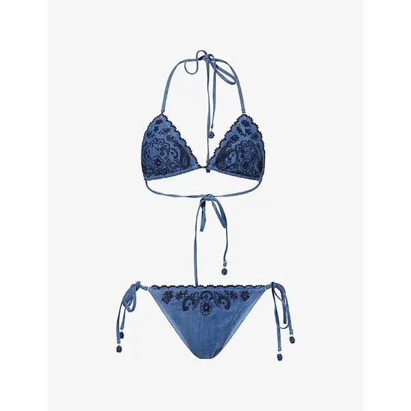 Zimmermann Aster Embroidered Triangle Bikini Set - Denim