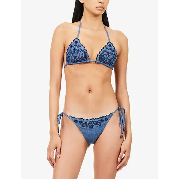 Zimmermann Embroidered Triangle Bikini Set - Denim