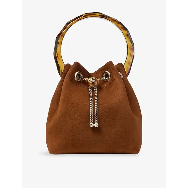 JIMMY CHOO Suede Bucket Bag With Metal Bracelet Top Handle - Tan/tortoiseshell