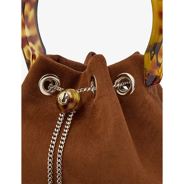 JIMMY CHOO Suede Bucket Bag With Metal Bracelet Top Handle - Tan/tortoiseshell