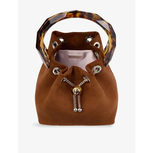 JIMMY CHOO Suede Bucket Bag With Metal Bracelet Top Handle - Tan/tortoiseshell
