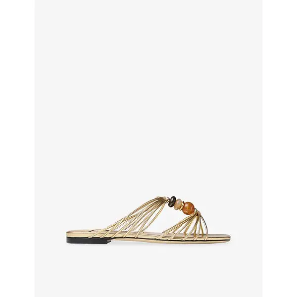 JIMMY CHOO Lova Leather Mule Flat Sandals With Beaded Trim - Gold Mix