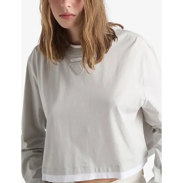 Prada Triangle Logo Patch Long Sleeve Cotton Jersey T-shirt