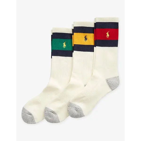 Polo Ralph Lauren Pack Of Three Embroidered Cotton-blend Crew Socks - Wht Rd/wht Ylw/wht Grn