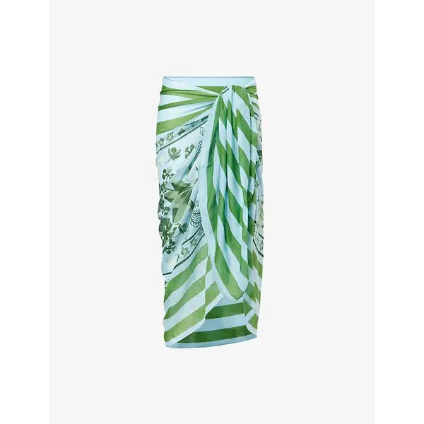 Verandah Printed Cotton-silk Sarong - Ice Blue Leaf Grn Floral
