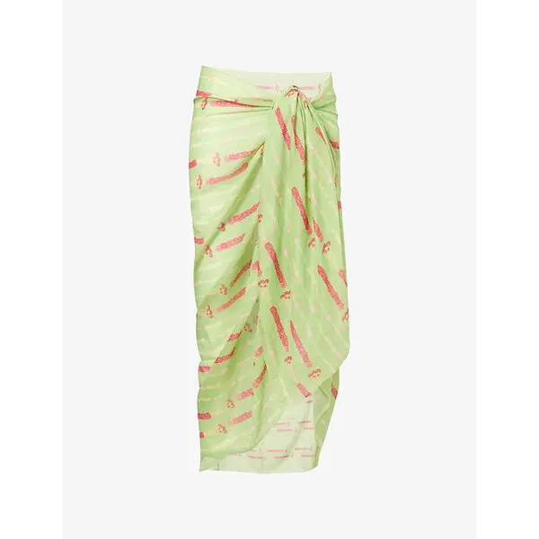 Verandah Printed Cotton-silk Sarong - Sage Green Floral Stripe