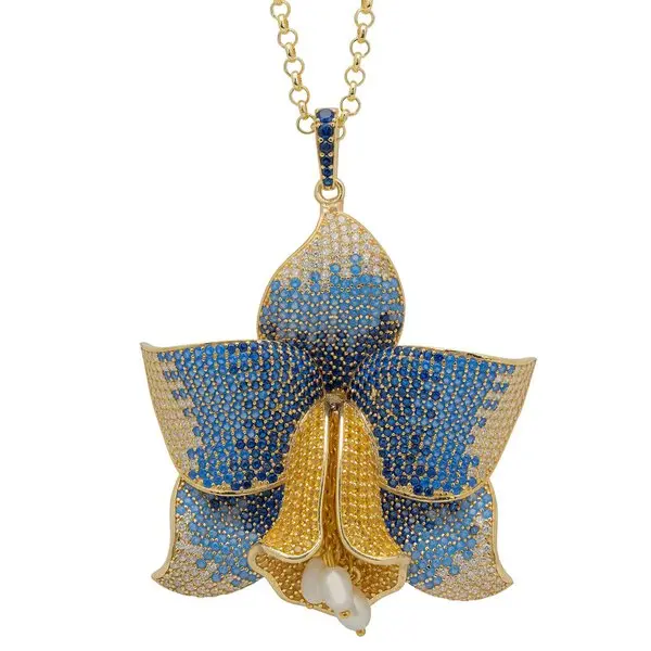 LATELITA Daffodil With Pearls Pendant Necklace In Gold - Blue