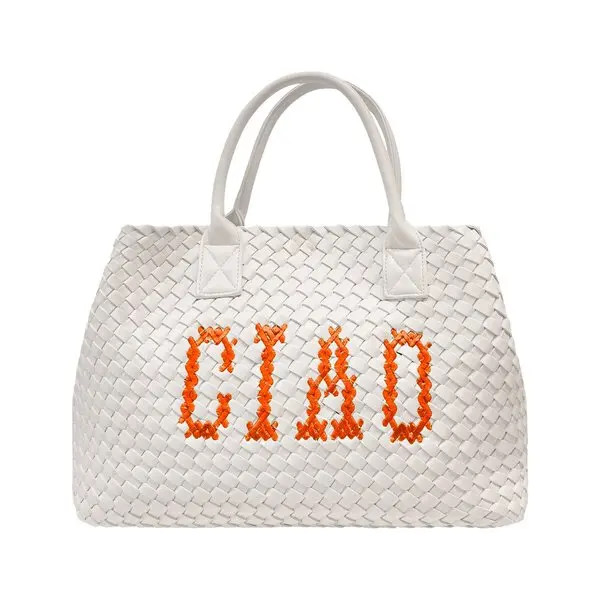 LILLY LOVES Ciao Orange Embroidered Woven Vegan Leather Handbag - White