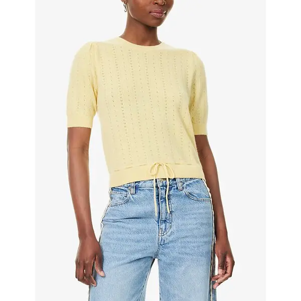 FRAME Cashmere Crewneck Short Sleeve Top With Drawstring Hem