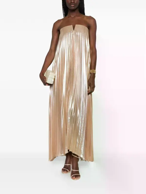 RAME Metallic Pleated Strapless V-neck Maxi Dress