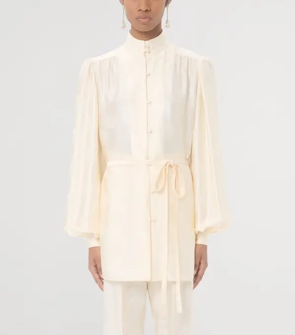 Valentino Garavani Silk Tie Shirt With High Neck And Long Sleeves - Ivory