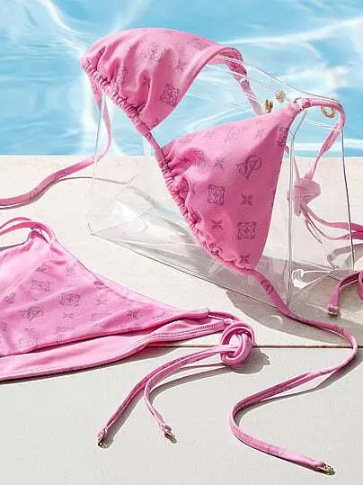Victoria's Secret Logo Monogram String Bikini Set With Pouch - Print