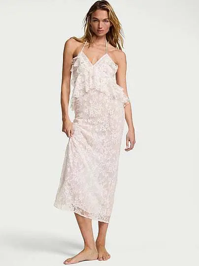 Victoria's Secret Dream Angels Lace Ruffled Maxi Slip - White,ivory