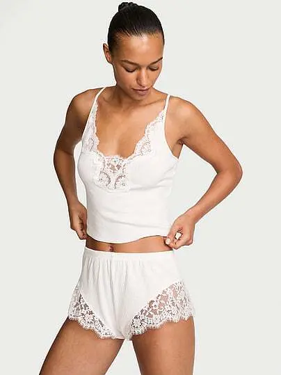 Victoria's Secret Dream Angels Pointelle Rib Lace-trim Cami And Short Set - White,ivory