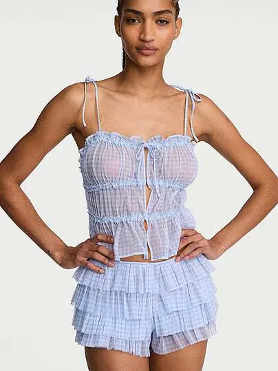 Victoria's Secret Dream Angels Gingham Chiffon Cami And Ruffled Shorts Set - Print