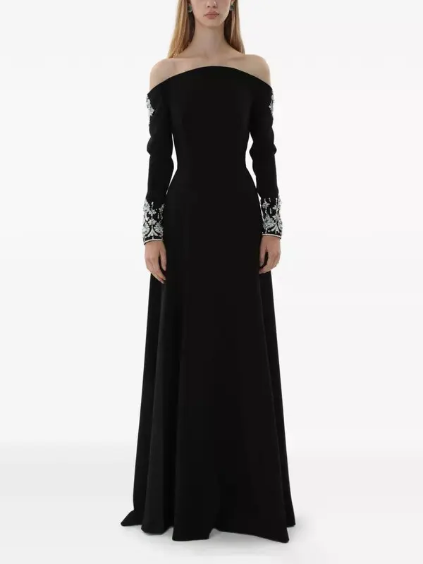 DINA MELWANI Off-shoulder Crystal-embellished Maxi Gown - Black