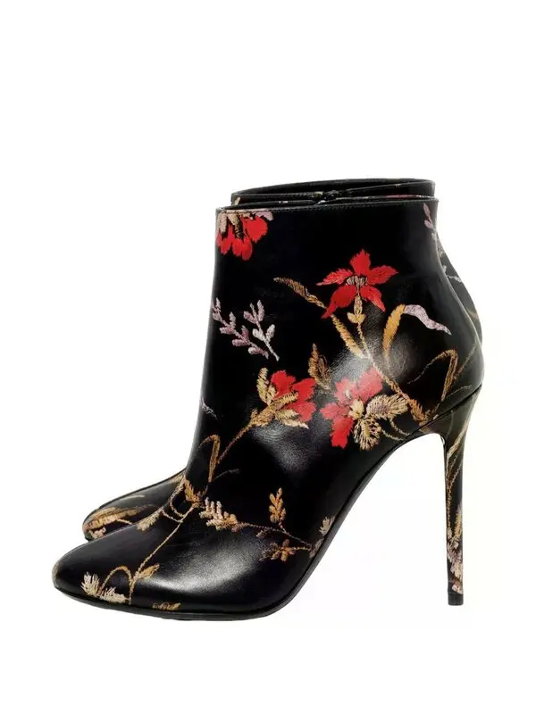 Balenciaga Floral Detail Leather Ankle Boots - Black